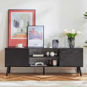 DUMOS TV Stand for 55 60 inch TV, Entertainment Center with Storage Cabinet, Mid Century Modern Media Console Table, Adjustable Hinge, Wooden Television Furniture for Living Room, Office - Black