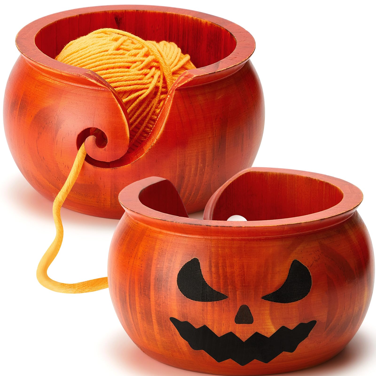 Sieral 2 Pcs Christmas Wooden Yarn Bowl Holder, Pumpkin Decoration Yarn Bowl for Crocheting 6.5 x 6.5 x 3.9 Inch Craft Knitting Bowl Crochet Yarn Holder for Handmade Crocheting Winter Mother's Gift