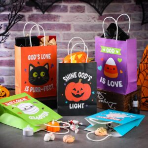 Sweetude 30 Pieces Religious Halloween Paper Gift Bags Halloween Cat Ghost Mummy Pumpkin Tote Bag Christian Halloween Bag with Handle Halloween Candy Treat Bags for Halloween Party VBS Sunday School