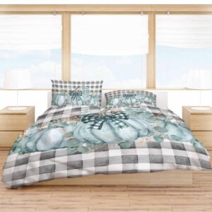 Lsrtoss Green Pumpkins Fall Thanksgiving Queen Duvet Cover Set for All Season, Black Plaid Watercolor Microfiber 3 Piece Bedding Set with 2 Pillowcases & 1 Quilt Cover, 90" W x 92" L, Queen Size