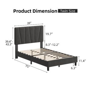 GarveeHome Twin Size Bed Frame with Adjustable Headboard, Linen Upholstered Twin Platform Bedframe with Strong Wooden Slats, Mattress Foundation, No Box Spring Needed, Easy Assembly, Dark Grey