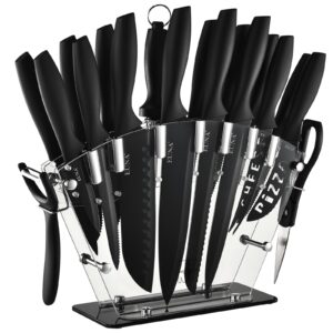 euna kitchen knife set, 19 pcs black knife set with acrylic block and sharpener, german high-carbon stainless steel knife sets with 6 serrated steak knives, bread knife, chef knife, dishwasher safe