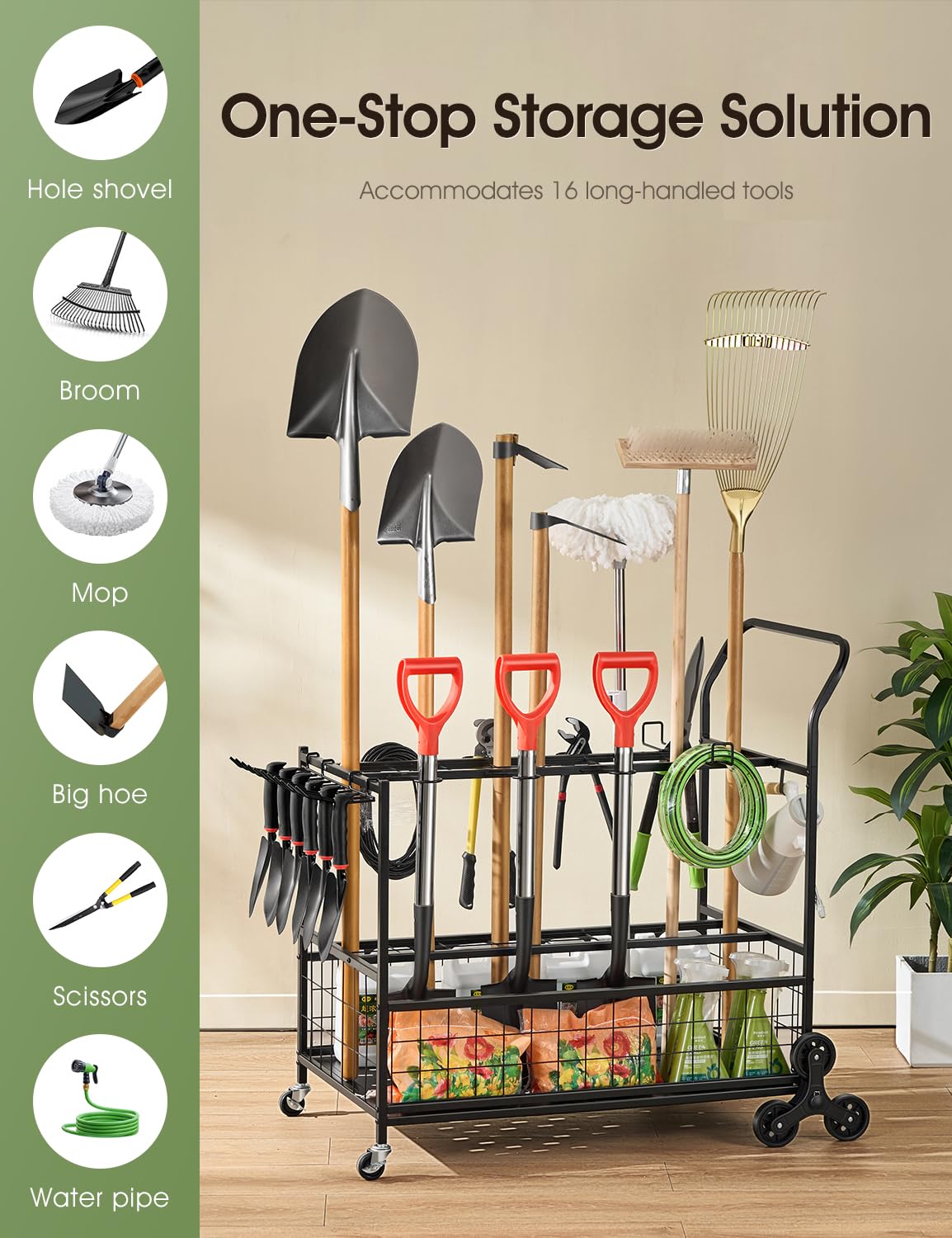 Heavy-Duty Garden Tool Organizer for Garage with 2 Stair-Climbing Wheels, Lawn & Yard Tool Storage Rack, Garage Tool Cart with Lockable Wheels, Outdoor Garden Tool Storage for Sheds