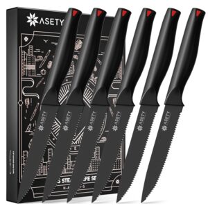 asety steak knives set of 6, serrated steak knives,dishwasher safe,high-carbon stainless steel steak knife sets with elegant box,black