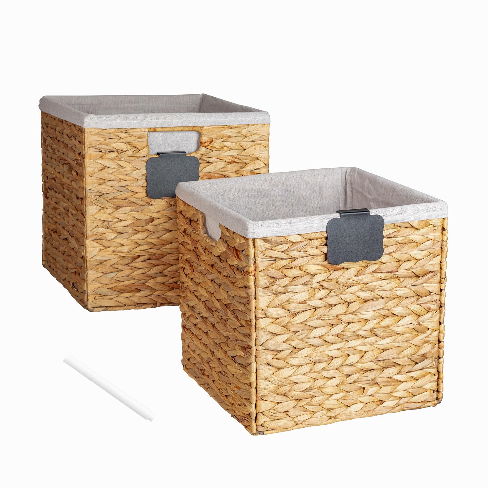 JCUKHA Wicker Storage Basket 12x12, Foldable Water Hyacinth Storage Baskets, Wicker Storage Cubes with Liners, Natural Seagrass Laundry Bin, Letter Boards and Chalk Marker Included, Set of 2