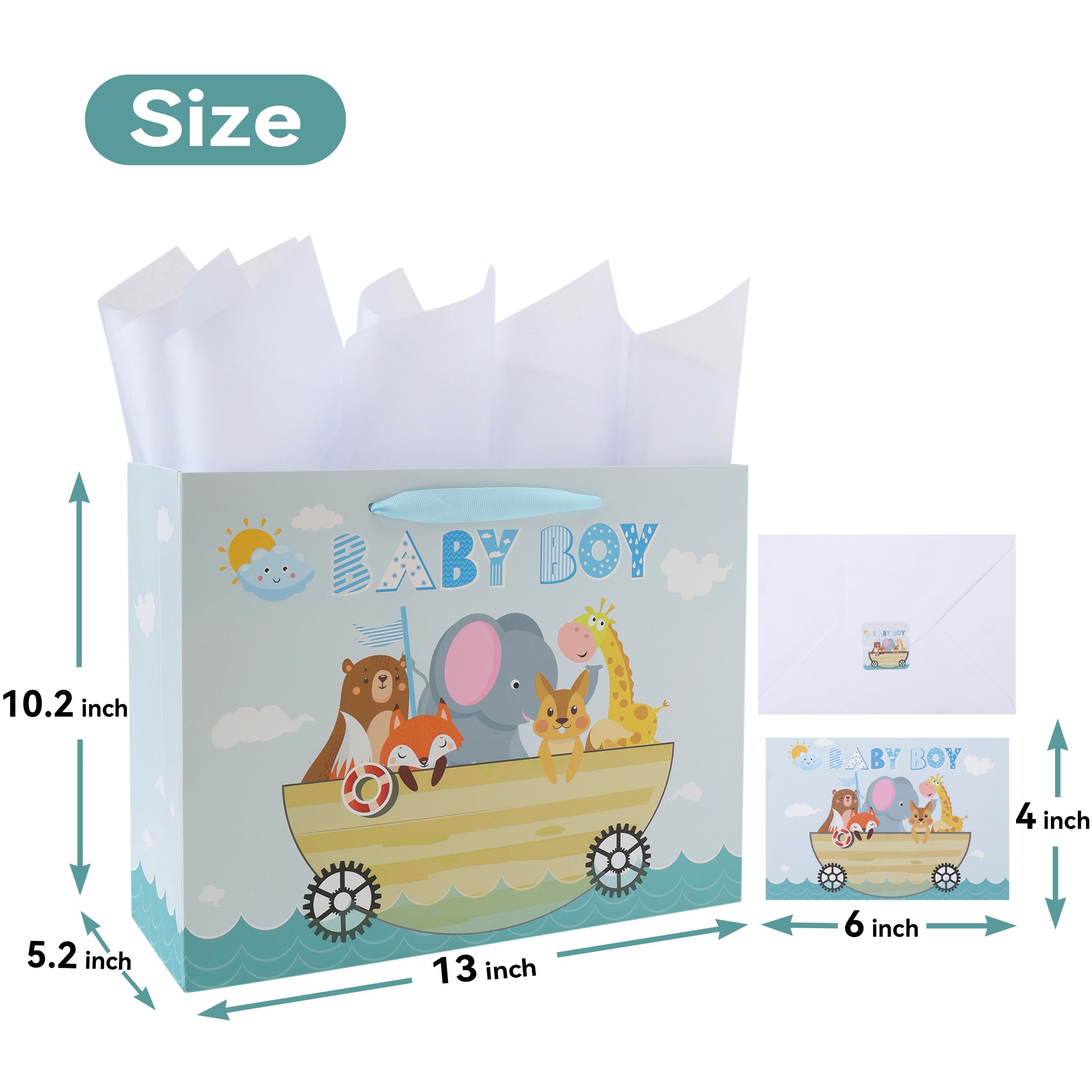 13" Large Baby Blue Gift Bag Set with Greeting Card and Tissue Paper (Animals and ‘Baby Boy’) for Baby Boy, Baby Shower, Boys' Birthday Party - 13”x5.2”x10.2”, 1 Pcs.