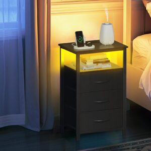 Kinembold Nightstand with Charging Station, Bedside Table LED Night Stand with USB Ports and Outlets, End Table with 3 Fabric Drawers and Storage Shelf, Night Stands for Bedroom (Black)