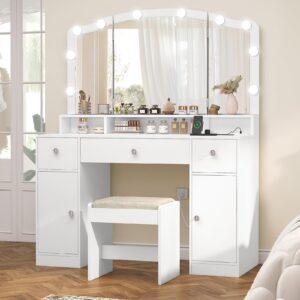 vanity desk with triple folding mirror, makeup vanity with power outlet, vanity desk with 10 lights, 3 drawers & 2 cabinets, makeup vanity table with soft cushioned stool for women, bedroom, white