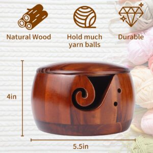 Wooden Yarn Bowl Knitting Yarn Bowl Wooden Yarn Bowl with Lid for Yarn skeins Round Wooden Bowl with Carved Holes Crochet Hook Rests Smooth Crochet Bowl Swirl Design