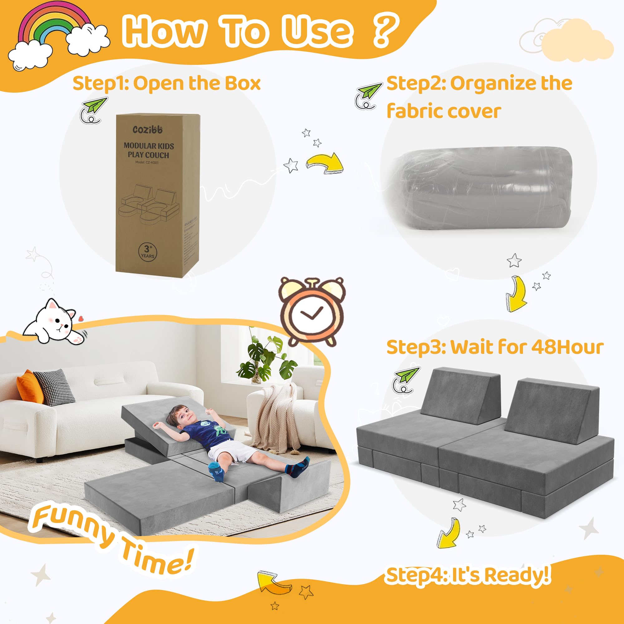 Modular Kids Play Couch Convertible - Toddler & Child Sofa DIY Creativing Play Couch for Playroom Bedroom Nursery Freely Removable Versatile Fold Kids Sofa for Playing