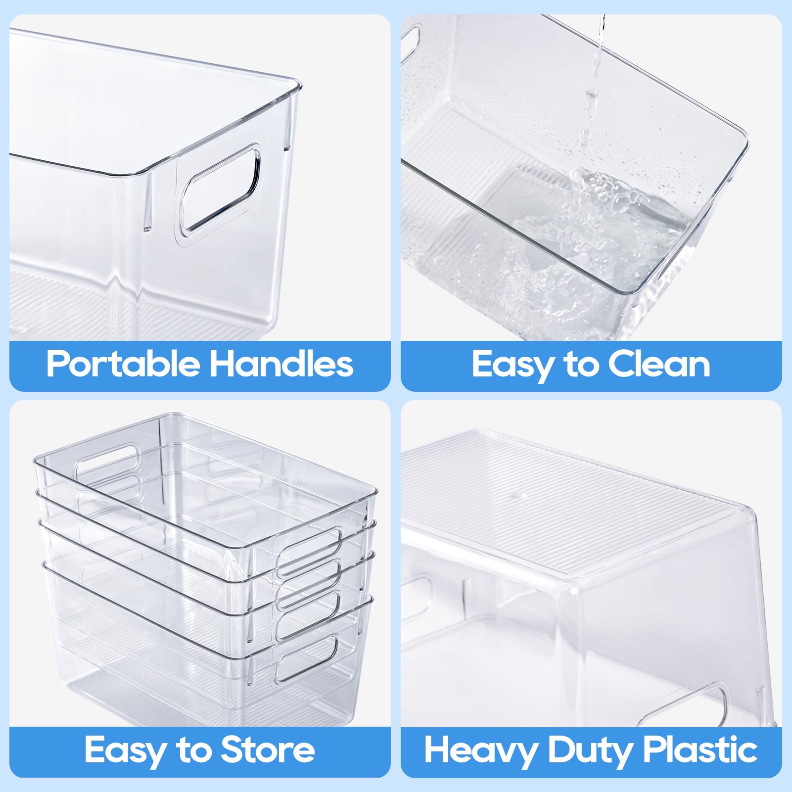 JollyPack 4 Pack Clear Plastic Storage Bins, Pantry Organizers and Storage with Handles, Clear Storage Containers for Fridge, Kitchen, Cabinet, Bathroom and Office