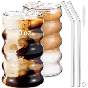 ework4u 2 pcs 20oz drinking glasses set with straws, cute iced coffee glass cups, iced coffee tumblers, thick drinking jars for smoothie, boba milk tea, ideal for gift, with straw brush