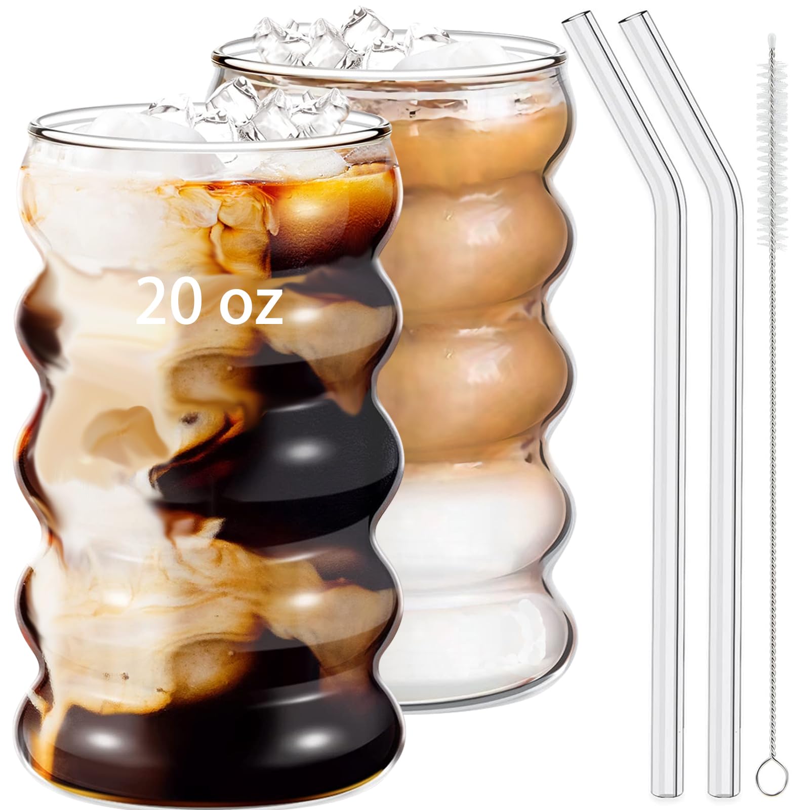 Ework4U 2 Pcs 20oz Drinking Glasses Set with Straws, Cute Iced Coffee Glass Cups, Iced Coffee Tumblers, Thick Drinking Jars for Smoothie, Boba Milk Tea, Ideal for Gift, with Straw Brush