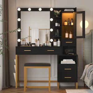 makeup vanity table set with led lights & charing station, large make up vanity desk with mirror and lights, dressing vanity table with nightstand & soft stool, black vanity with drawers & rgb cabinet