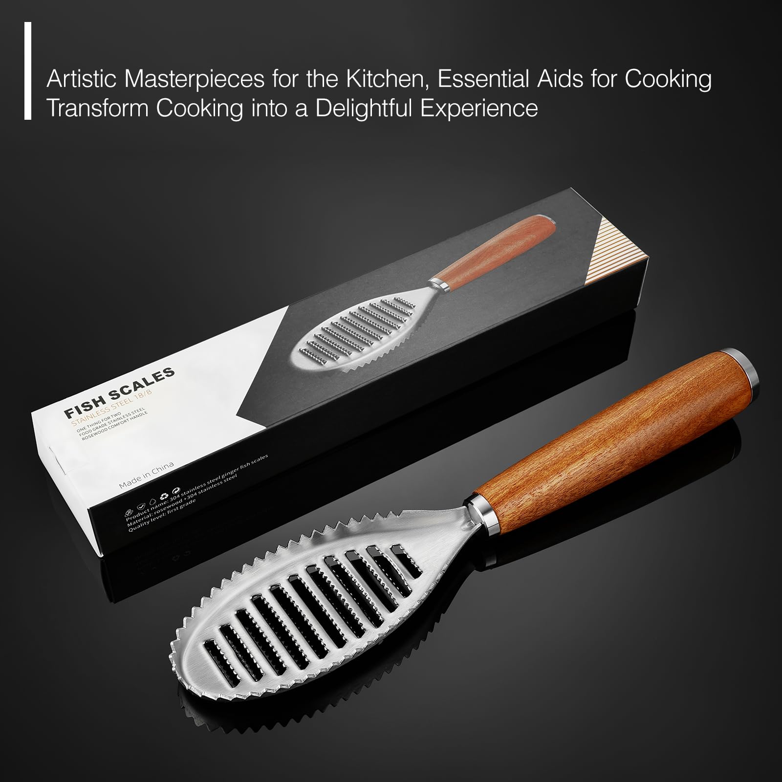 KULUNER Dual-Function Design Rosewood Solid Handle Stainless Steel Serrated Fish Scale Remover - Versatile Kitchen Tool for Fish Scaling and Food Grinding