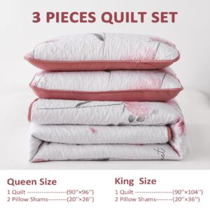 Dinjoy King Size Quilt Set Floral,3 Piece Pink/Blush Farmhouse Bedding Set Lightweight Flower Bedspreads White Coverlet Bed Sets Boho King Quilts for Girls All Season(90"x104")