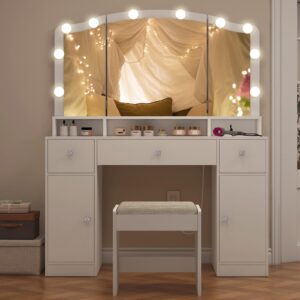 Vanity Desk with Triple Folding Mirror, Makeup Vanity with Power Outlet, Vanity Desk with 10 Lights, 3 Drawers & 2 Cabinets, Makeup Vanity Table with Soft Cushioned Stool for Women, Bedroom, White