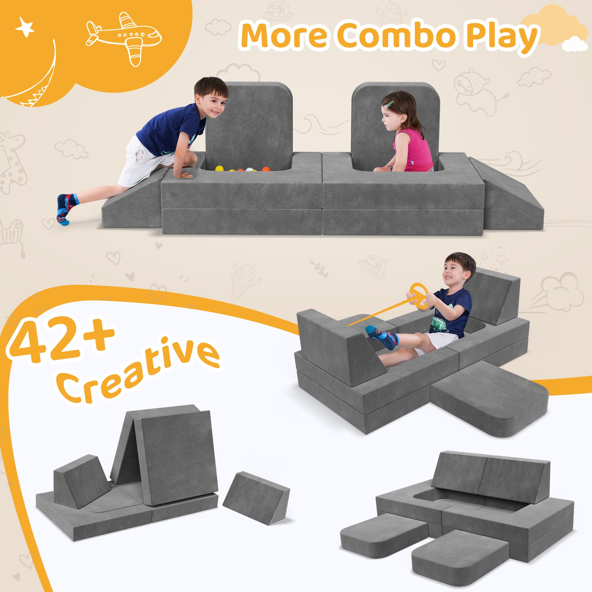 Modular Kids Play Couch Convertible - Toddler & Child Sofa DIY Creativing Play Couch for Playroom Bedroom Nursery Freely Removable Versatile Fold Kids Sofa for Playing