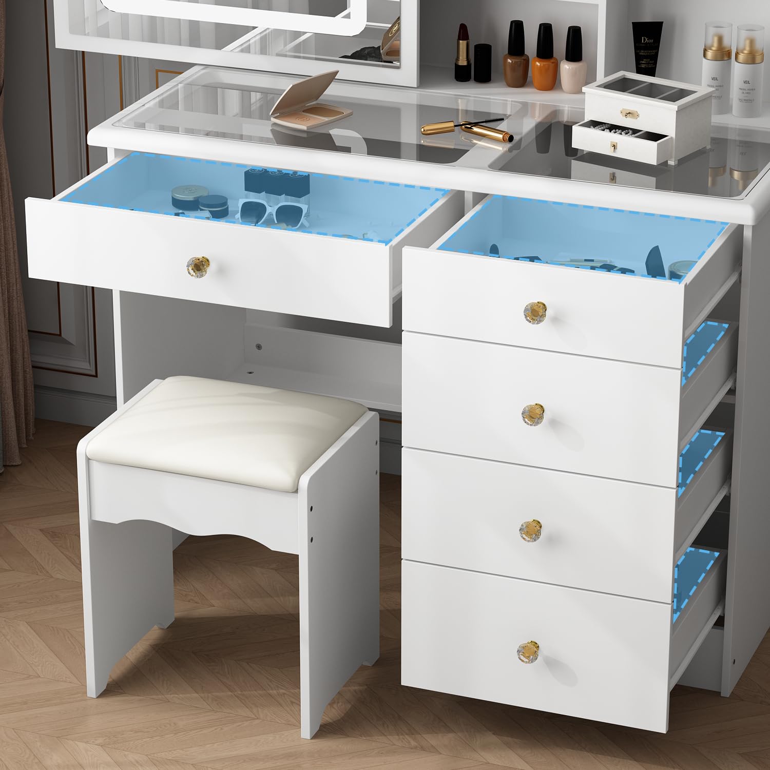 ROMSHINE Vanity Desk with Mirror and Lights, Makeup Vanity Desk with Sliding Mirror, Glass Desk-Top and Lights in 3 Colors Modes, White Vanity Table and Chair Set with 5 Drawers, Glass Top