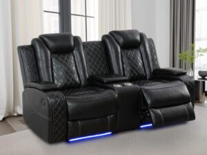 dekmxas living room sofa set black breathing leather sofa living room furniture power recliner manual adjustable loveseat with cup holders/storage console/led light for living room, office, rv car