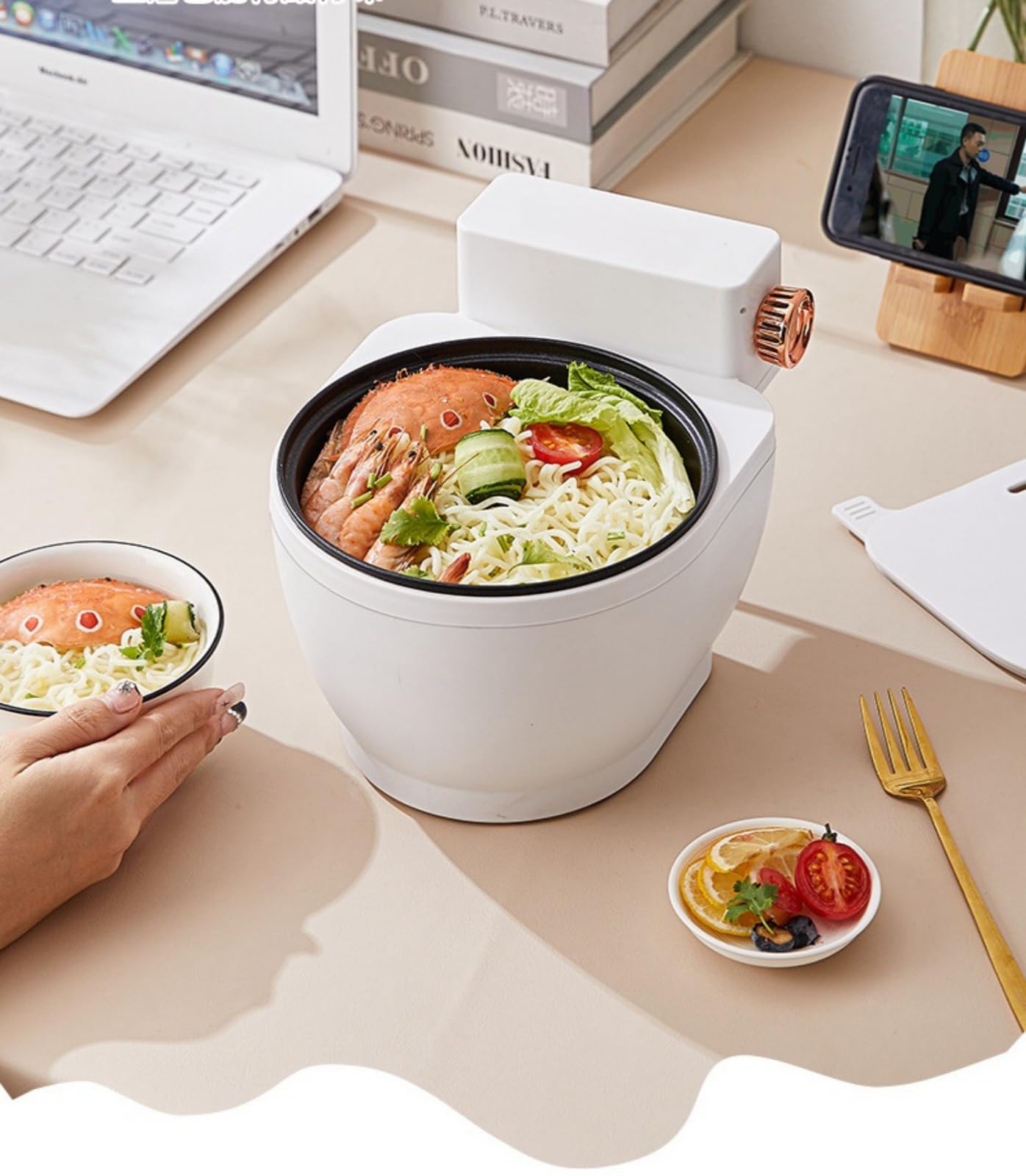 Funny Rice Cooker 6 Cup Non-Stick Multi Cooker Toilet-Shaped Electric Cooking Pot For Stir Fry, Steak, Noodles, Soup Portable Hot Pot For Dorm, Office, Travel