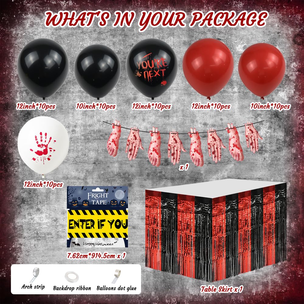 AIBIIN Halloween Balloon Arch Kit Black Red Bloody Hand Print Balloon Garland and Black Red Tableskirt Have a Killer Halloween Birthday Party Decorations Horror Scary Blood Party Supplies