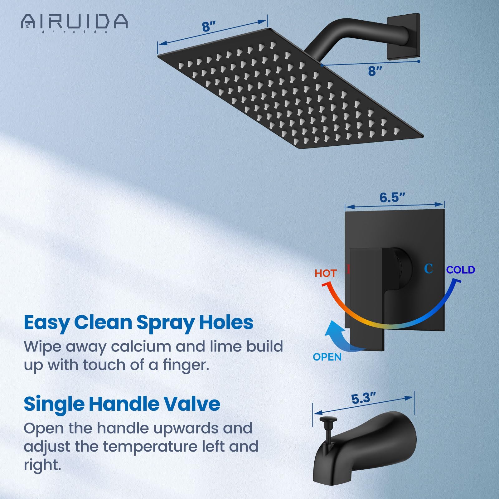 Airuida Shower Faucet Set with 8 Inch Rainfall Square Showerhead and Tub Spout Bathtub Faucet Wall Mount Kitchen Faucet Matte Black 8 Inch Center Wall Mount Faucet Kitchen with Sprayer