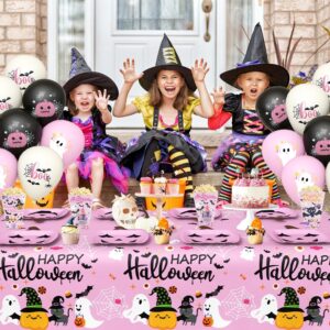 AIBIIN Pink Halloween Party Decorations for Girl Pumpkin Paper Plates Halloween Tableware Popcorn Box Balloons Set Halloween Baby Shower Booday Party Supplies Halloween Girls Night Party Decorations