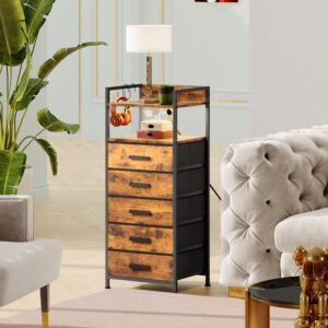 Nightstand 5 Drawer Dresser with Charging Station & LED Lights, Side Table with Fabric Drawers, End Table with Open Shelf with Hooks, Tall Dresser for Bedroom, Hallway, Entryway (Rustic Brown)