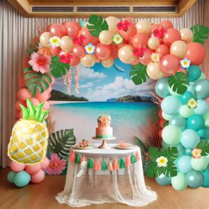 Tropical Balloon Garland Arch Kit - 12", 10", 5" Rose Gold, Blush Blue Balloons with Artificial Palm Leaves & Plumeria for Magic, Tropical, Hawaii, Luau-Themed Birthday Party, Baby Shower Decorations