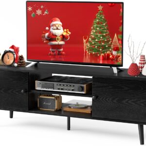 DUMOS TV Stand for 55 60 inch TV, Entertainment Center with Storage Cabinet, Mid Century Modern Media Console Table, Adjustable Hinge, Wooden Television Furniture for Living Room, Office - Black