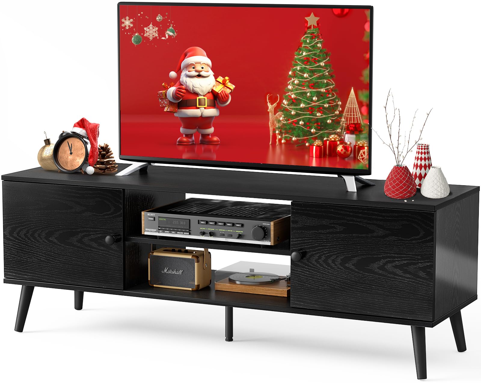 DUMOS TV Stand for 55 60 inch TV, Entertainment Center with Storage Cabinet, Mid Century Modern Media Console Table, Adjustable Hinge, Wooden Television Furniture for Living Room, Office - Black