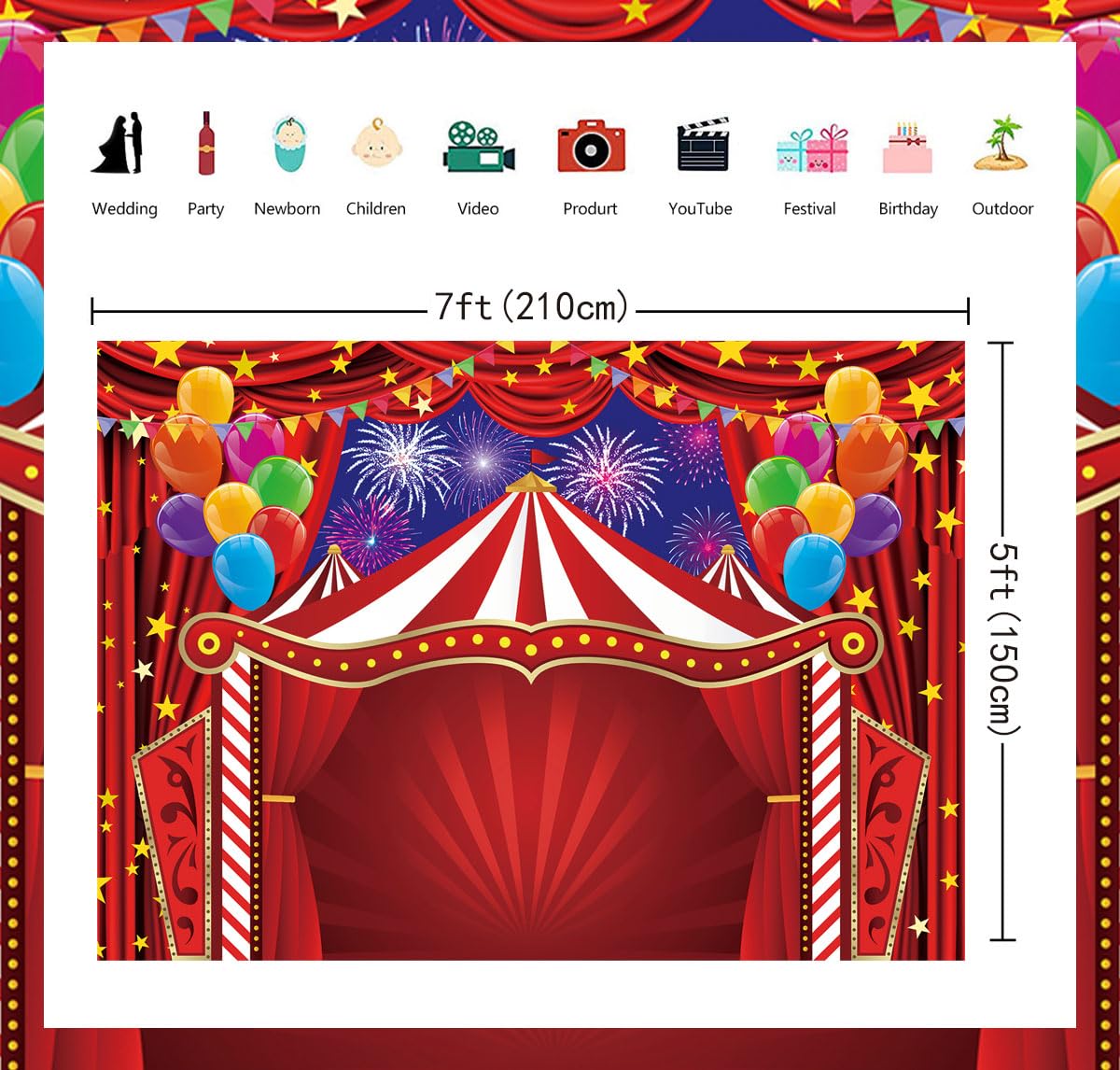 Red Circus Backdrop 7x5FT Carnival Theme Tent Photography Background Circus Amusement Park Fireworks Balloon Banner for Newborn Baby Shower Birthday Party Decorations Supplies (84x60 inch)