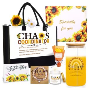 chaos coordinator gifts for women ,thank you gift for coworker manager boss lady nurse employee teacher appreciation , birthday christmas office work sunflower gifts basket with canvas tote bag