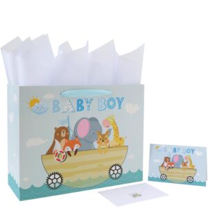 13" large baby blue gift bag set with greeting card and tissue paper (animals and ‘baby boy’) for baby boy, baby shower, boys' birthday party - 13”x5.2”x10.2”, 1 pcs.