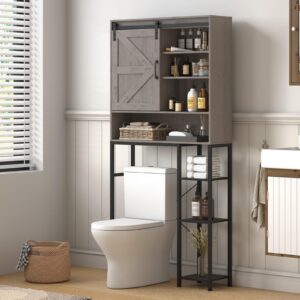 pipleo over the toilet storage cabinet, 32.3''w farmhouse storage cabinet over toilet with sliding door, adjustable bottom bar, freestanding space saver toilet rack for bathroom, laundry (grey)