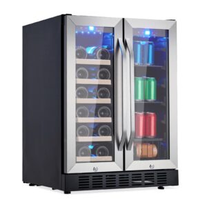 24 inch wine and beverage refrigerator, 20 bottles & 88 cans wine cooler with dual zone, wine fridge built-in & freestanding, 2 safety locks and digital touch control