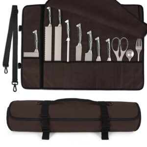 knife roll, chef knife roll bag with 11 slots plus zipper pocket, waterproof waxed canvas knife case holds size up to 18'', knives roll bags for chefs professional with adjustable strap (brown)