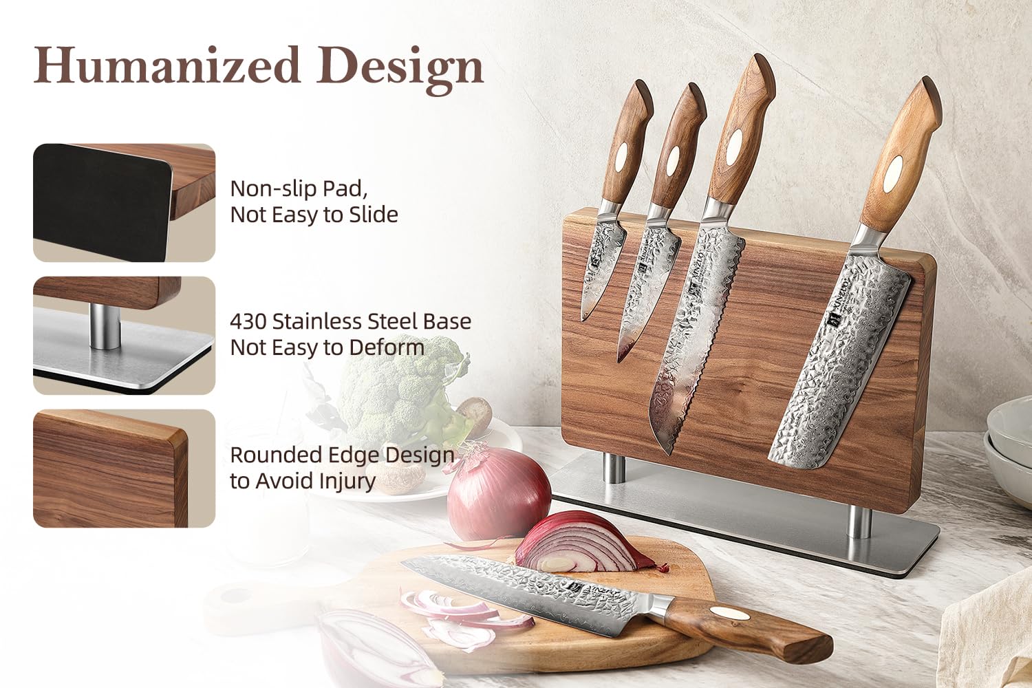 XINZUO Magnetic Knife Block,Natural Walnut Knife Holder Stand for Counter Top,with Strong Magnets,Double Sided Kitchen Knife Storage Rack