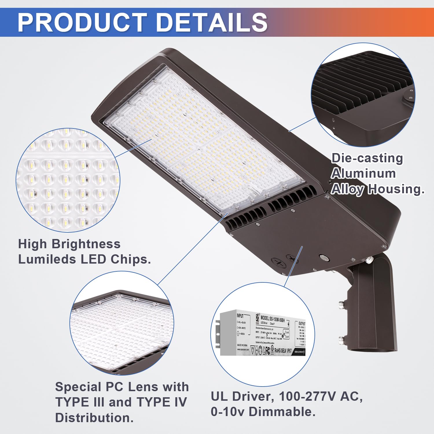 150W LED Parking Lot Light, 5700K 21000LM(140LM/W) Outdoor Commercial LED Shoebox Lights with Yoke Mount, [600W HPS Equiv.] Area/Street/Arena/Security Lighting, AC100-277V, UL&DLC Listed