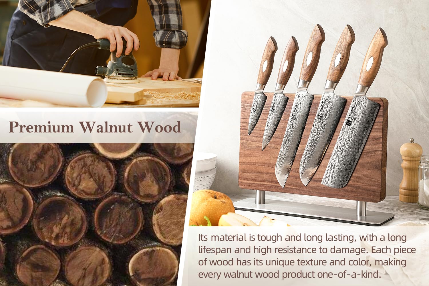 XINZUO Magnetic Knife Block,Natural Walnut Knife Holder Stand for Counter Top,with Strong Magnets,Double Sided Kitchen Knife Storage Rack