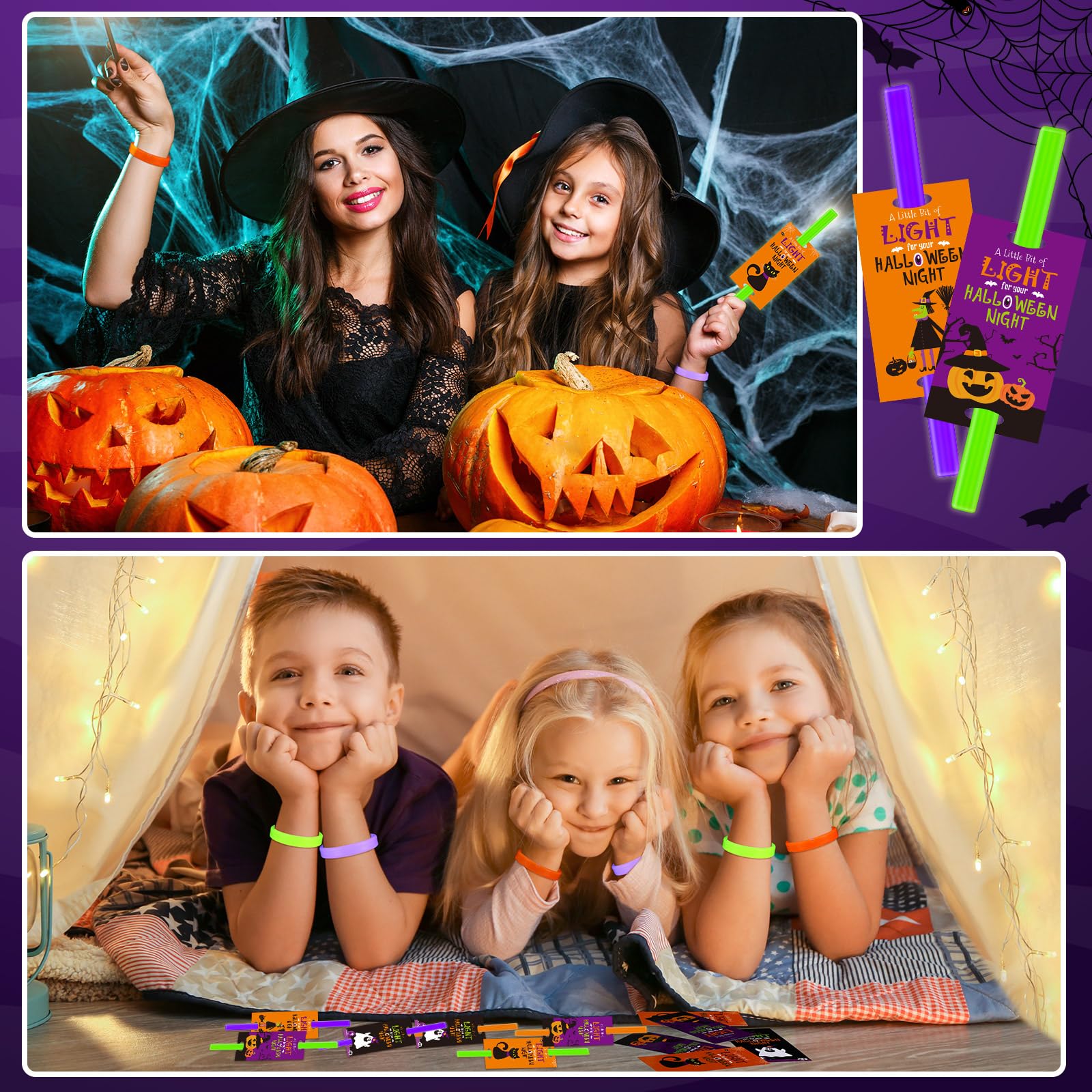 MiniInflat 24 Sets Halloween Triple Glow Bracelets with Cards Include 24 Pcs A Little Bit of Light For Your Halloween Night Glow Stick Gift Tag 24 Glow in the Dark Glow Sticks for Party School