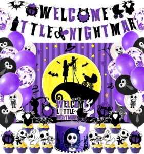 nightmare christmas baby shower decorations, welcome little night before halloween birthday party decorations includes banner, backdrop, balloons,cake topper and cupcake toppers