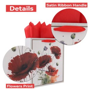 Qirrmiy 13” Large White Gift Bag Set with Greeting Card and Tissue Paper (Watercolor Red Flowers) for Celebrating Birthdays, Weddings, Anniversaries, Mother's Day - 10.2”x5.2”x13”, 1 Pcs.