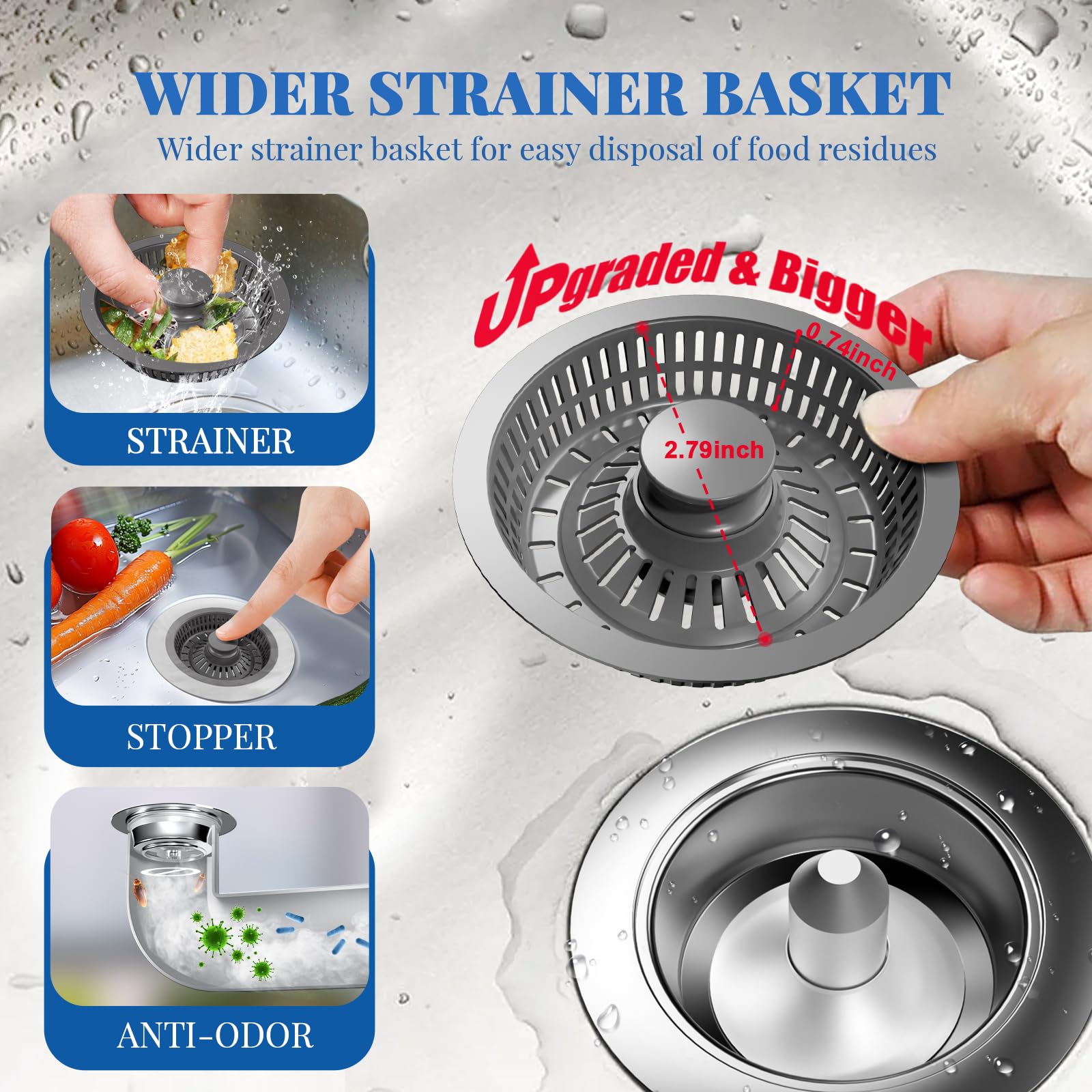 Wanocean Upgraded 3in1 Kitchen Sink Drain Strainer & Sink Stopper,304 Stainless Steel Metal Sink Drain Stopper with Anti-Clogging Wider Strainer Basket,Kitchen Essentials for US Standard 3-1/2" Drain