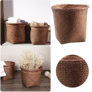 visdron Rattan Waste Basket Trash Can, Kitchen Trash Can Bedroom Trash Baket, Handmade Wicker Straw Waste Basket for Bedroom Bathroom Kitchen Home Office Table