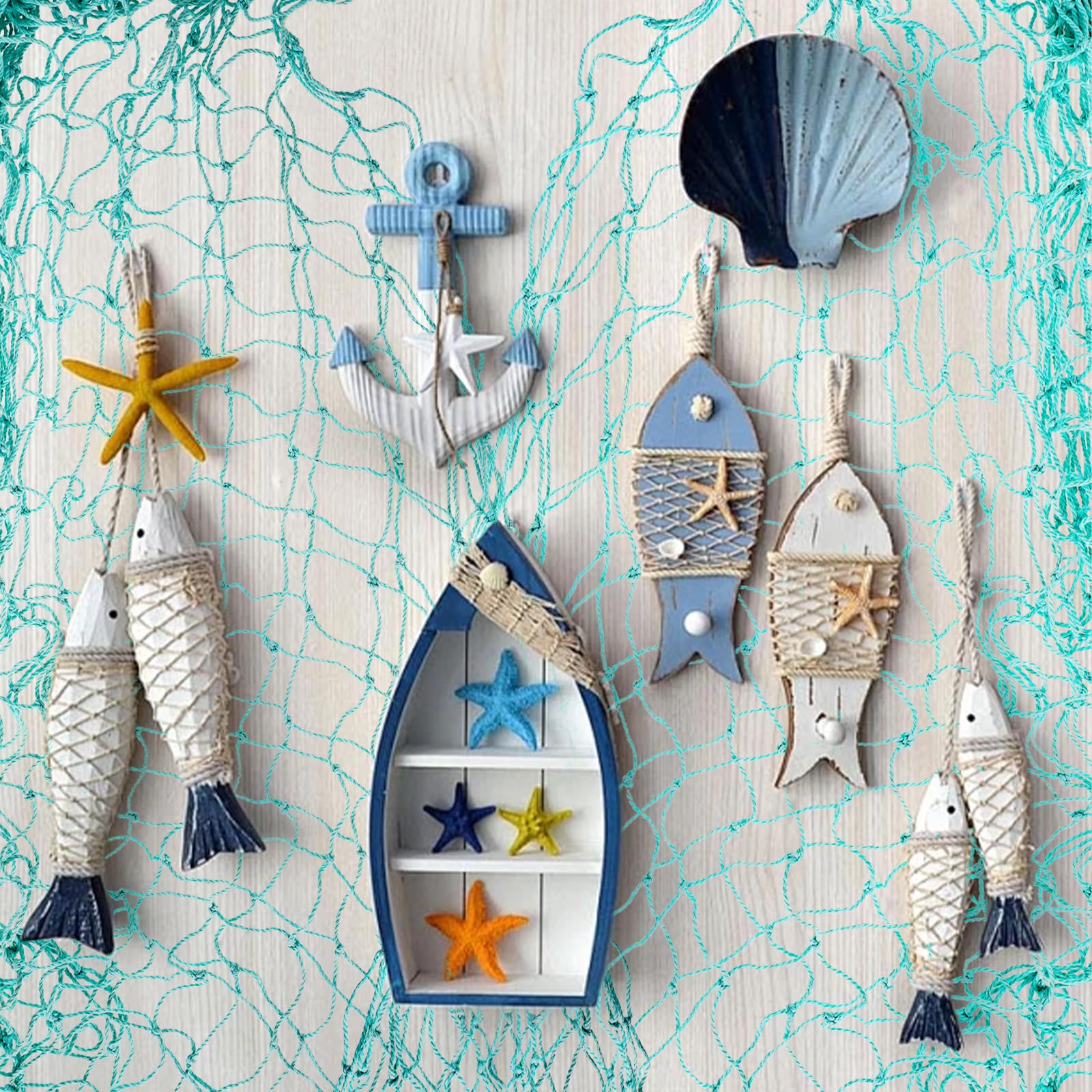 1 Pack Fish Net Decorations for Party, Natural Cotton Fish Net Party Decorations for Pirate Party, Luau Tropical Nautical Beach Table Cover, Nautical Themed Cotton Fishnet Party Accessory (Lake Blue)