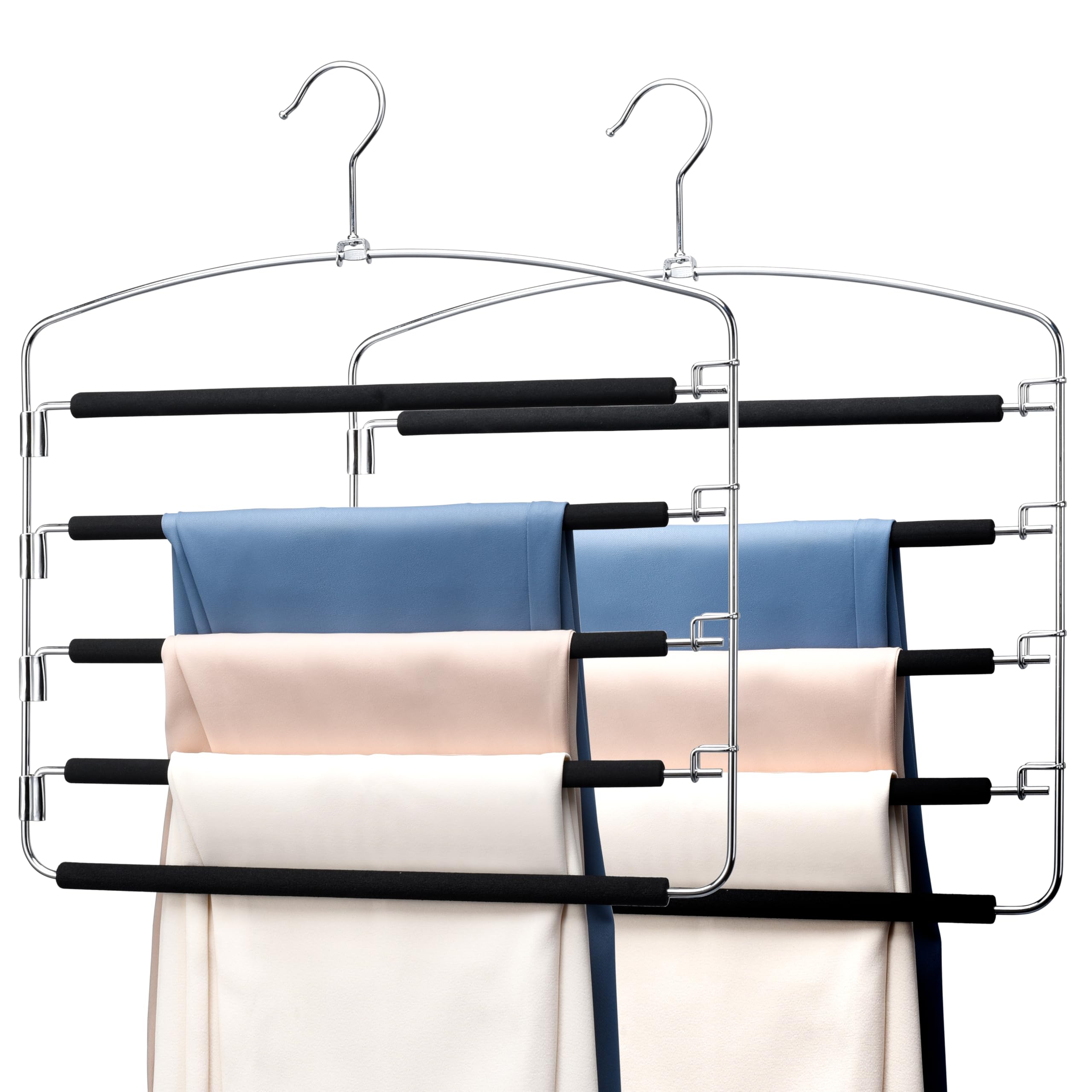 HOUSE DAY Magic Pants Hangers Space Saving, 2 Pack Metal Closet Organizer, Multiple Hangers with Padded Swing Arm, 5 Tier Non Slip Pant Hanger for Pants, Jeans, Leggings, Slacks (Black)