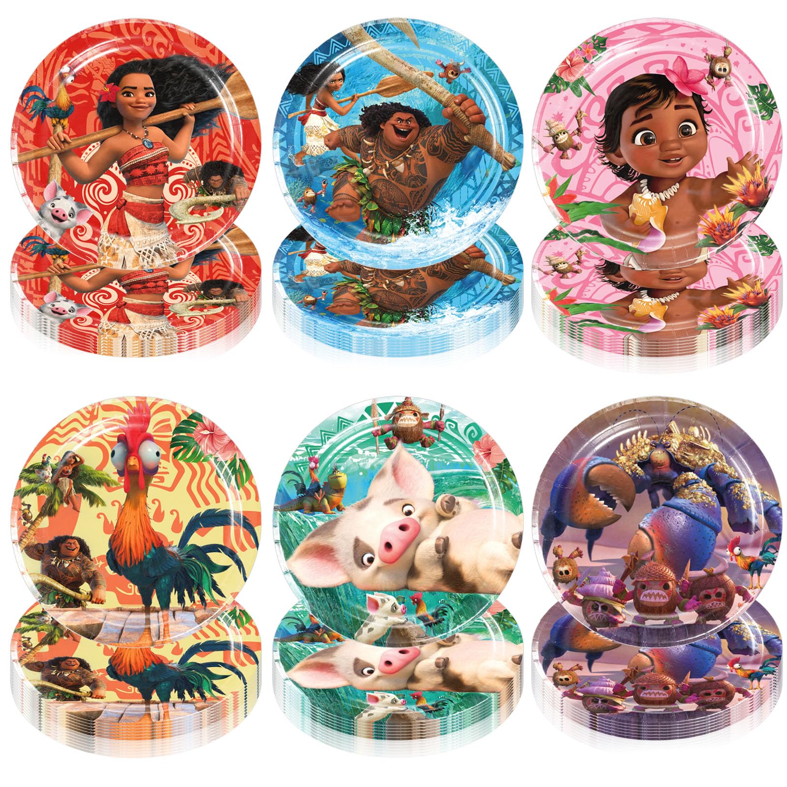 ANYMONYPF 60 Pcs Moana Party Supplies 6 styles Princess Plates Moana Disposable Plates Moana Party Decorations for Moana Party Favors