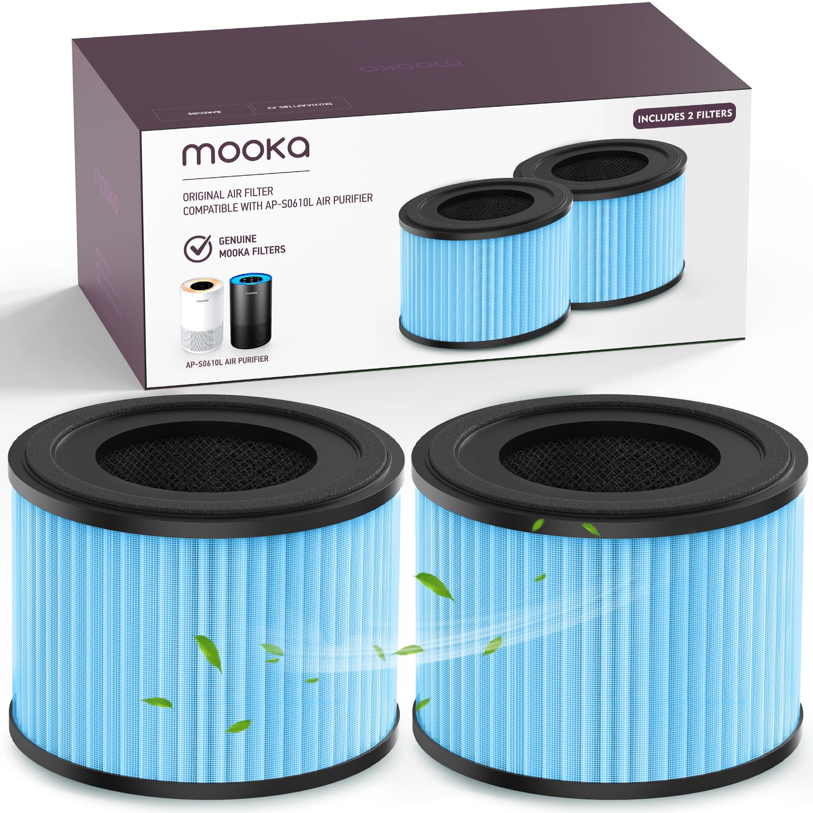 2 Pack MOOKA AP-S0610L Air Purifier Smoke Remover Filter, 3-in-1 True HEPA Filter, High-Efficiency Activated Carbon Air Filter for Smoke, Odor, Dander, Pollen